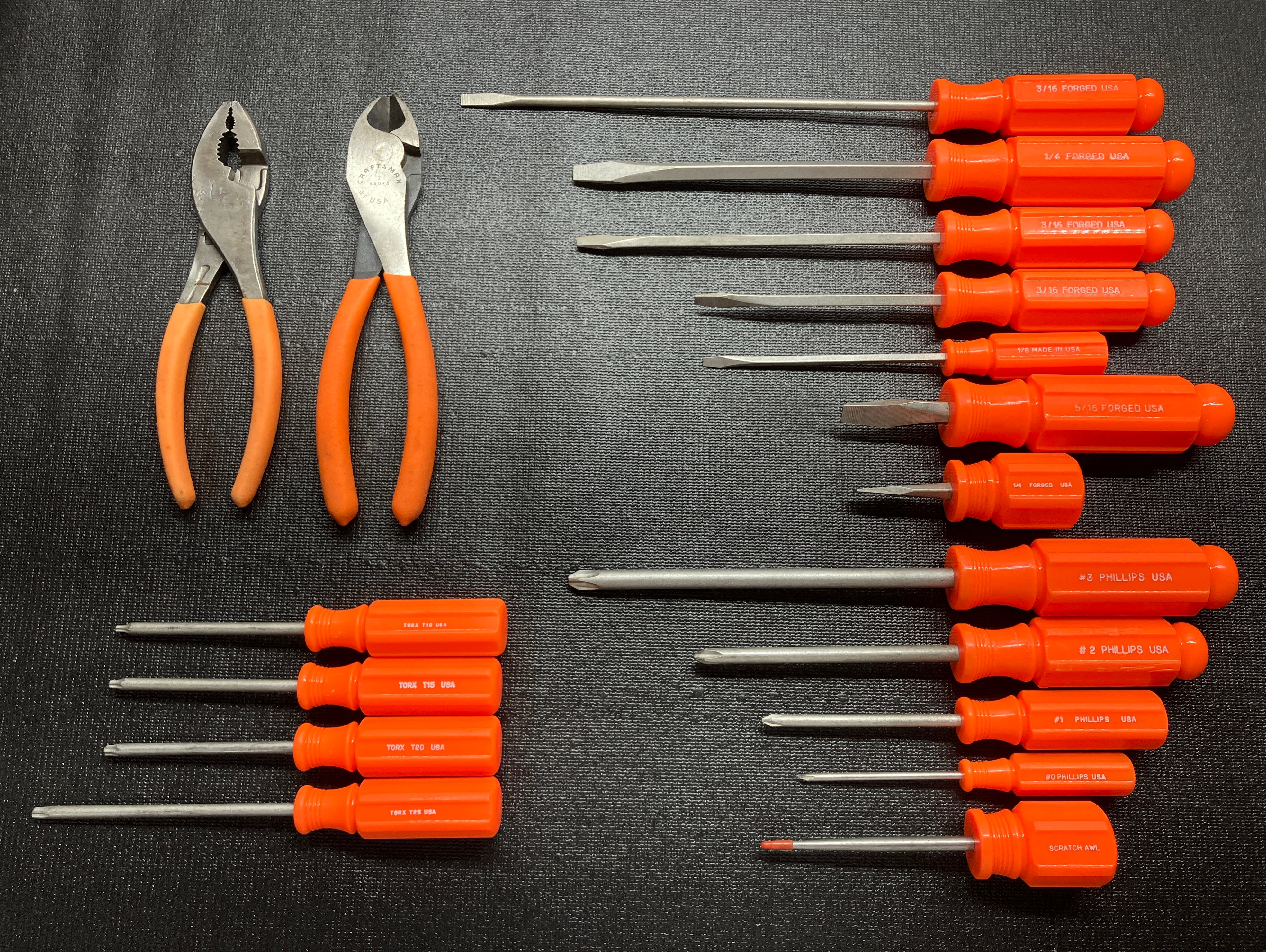 Vintage Craftsman 18pc Orange Hi Viz Tool Bundle ScrewDrivers Plier Carolina Abbey Tools